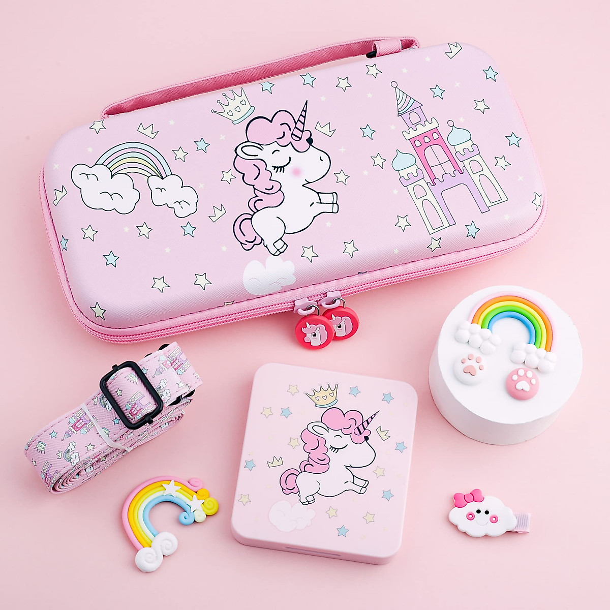 FANPL Carrying Case for Nintendo Switch & OLED Mode, Pink Cute Unicorn Travel Hard Protectiv Cover for Switch with Games Case