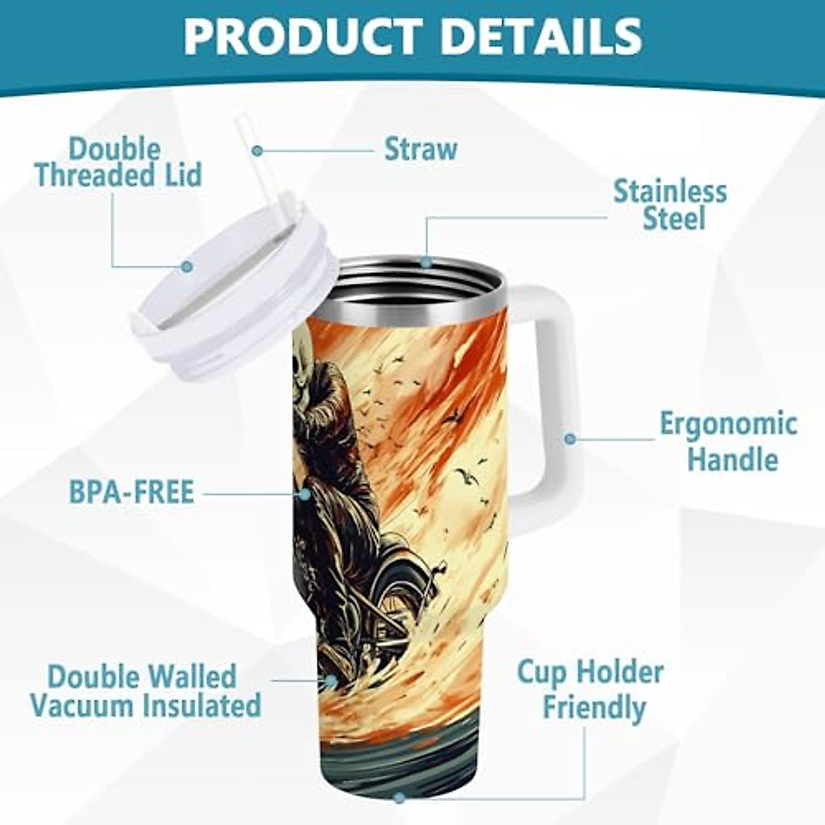 Jihqo Retro Skeleton Motorcycle 40 oz Stainless Steel Vacuum Insulated Tumbler with Handle and Straw Lid, Leakproof Water Bottle Double Wall Travel Mug Coffee Cup, Cupholder Friendly
