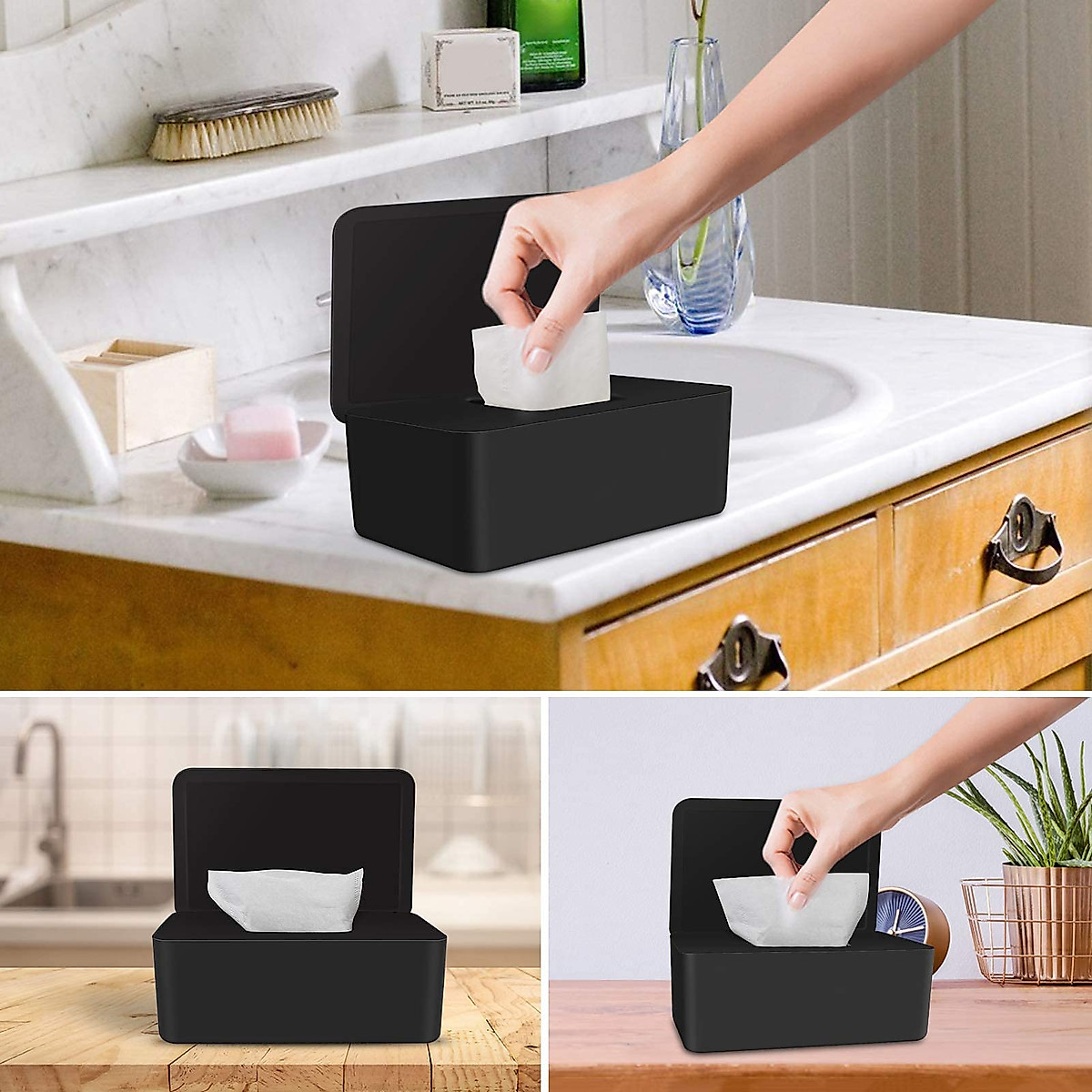 LEFUYAN Wipes Dispenser, Dustproof Tissue Storage Box Case Wet Wipes Dispenser Holder with Lid for Home Office Desk (Black)