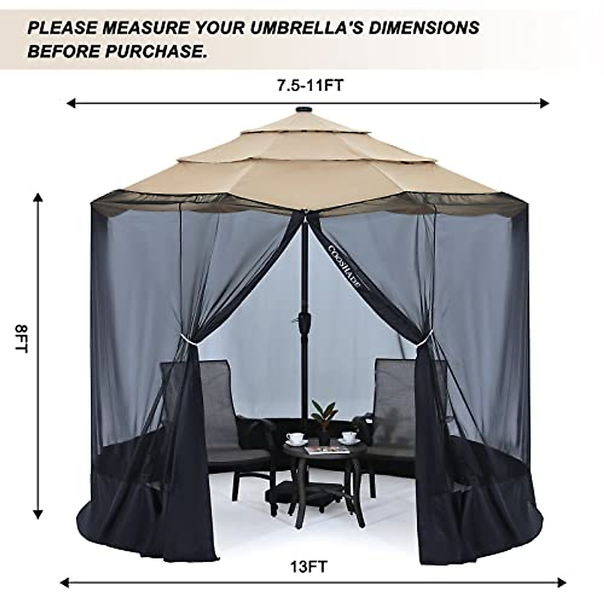 COOSHADE 7.5-11FT Patio Umbrella Mosquito Netting Polyester Screen Mesh Net for Outdoor Umbrella with Zipper Door and Weight Bag Black