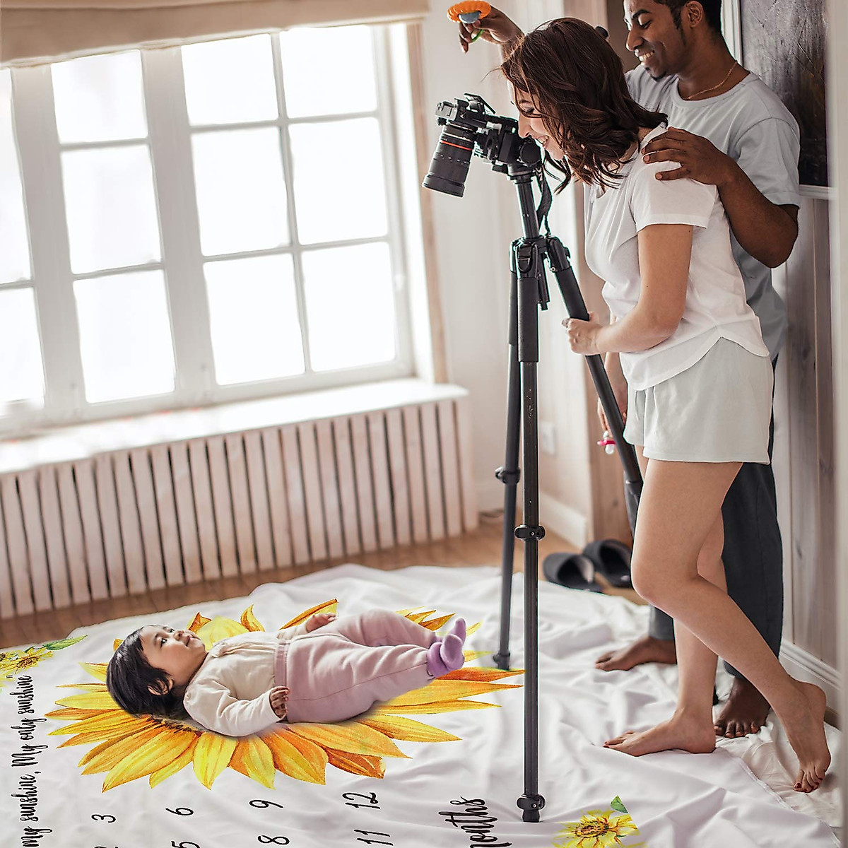 Baby Monthly Milestone Blanket Girl - Sunflower Newborn Month Blanket Personalized Shower Gift Floral Nursery Decor Flower Photography Background Prop with Frame Headband Large 51''x40''