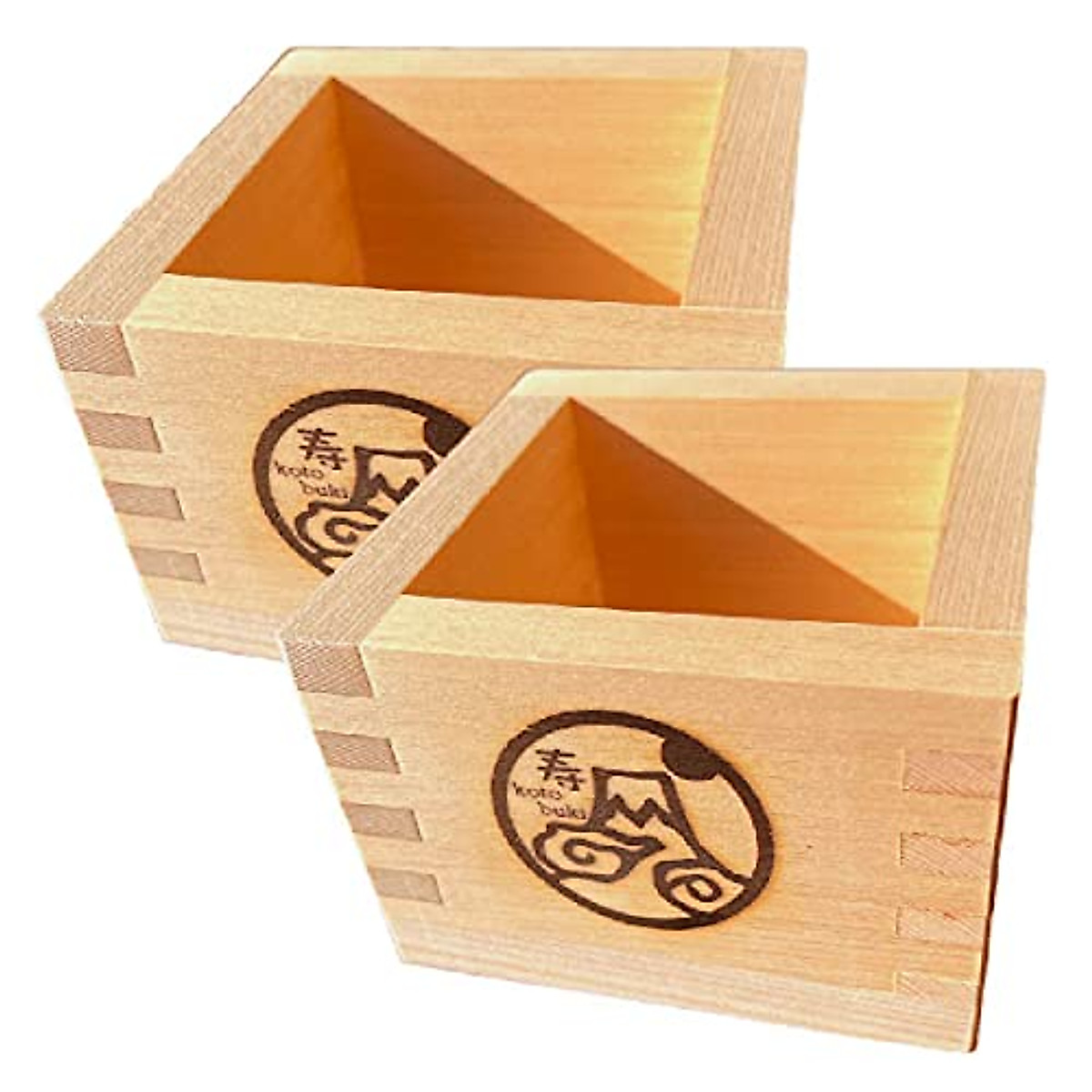 EDOYA Hinoki Wood Sake Cups (Set of 2) Japanese Box Masu with Japanese Lucky Brand (Long Life Fuji)