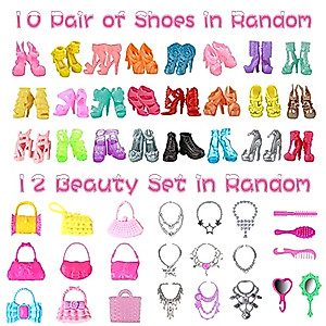28 PCS Handmade Doll Clothes and Accessories for Barbie Including 1 Fashion Dress 2 Party Dress 3 Outfits Tops and Pants 10 Pair of Shoes 12 Accessories in Random for 11.5 Inch Dolls