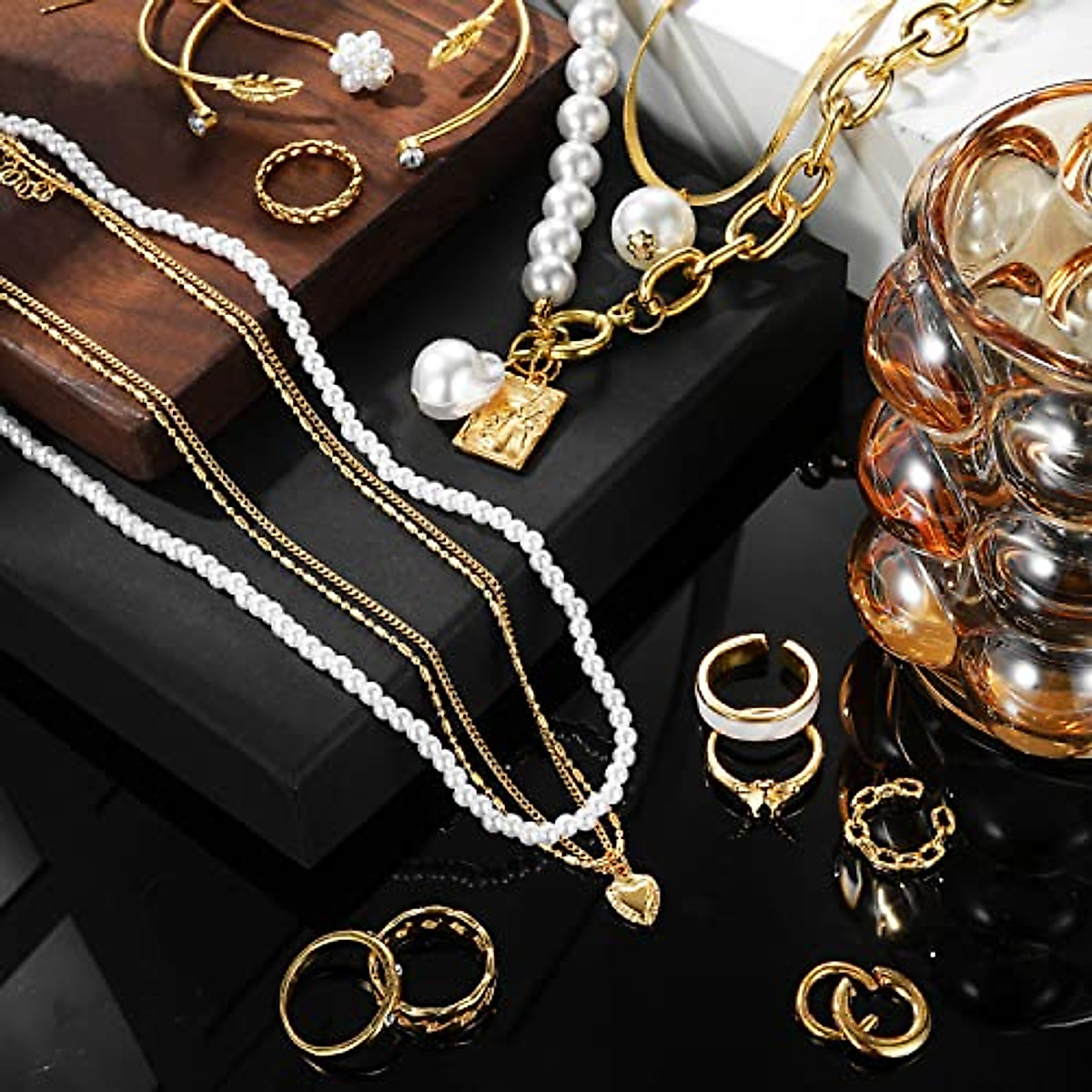 17IF 36 Pcs Gold Jewelry Set with 8 Pcs Rings, 6 Pcs Necklace, 12 Pcs Bracelet and 10 Pcs Earring Ear Cuff for Women Fashion Indie Costume Jewerly Pack for Anniversary Birthday Friendship MerryChristmas Party Gift