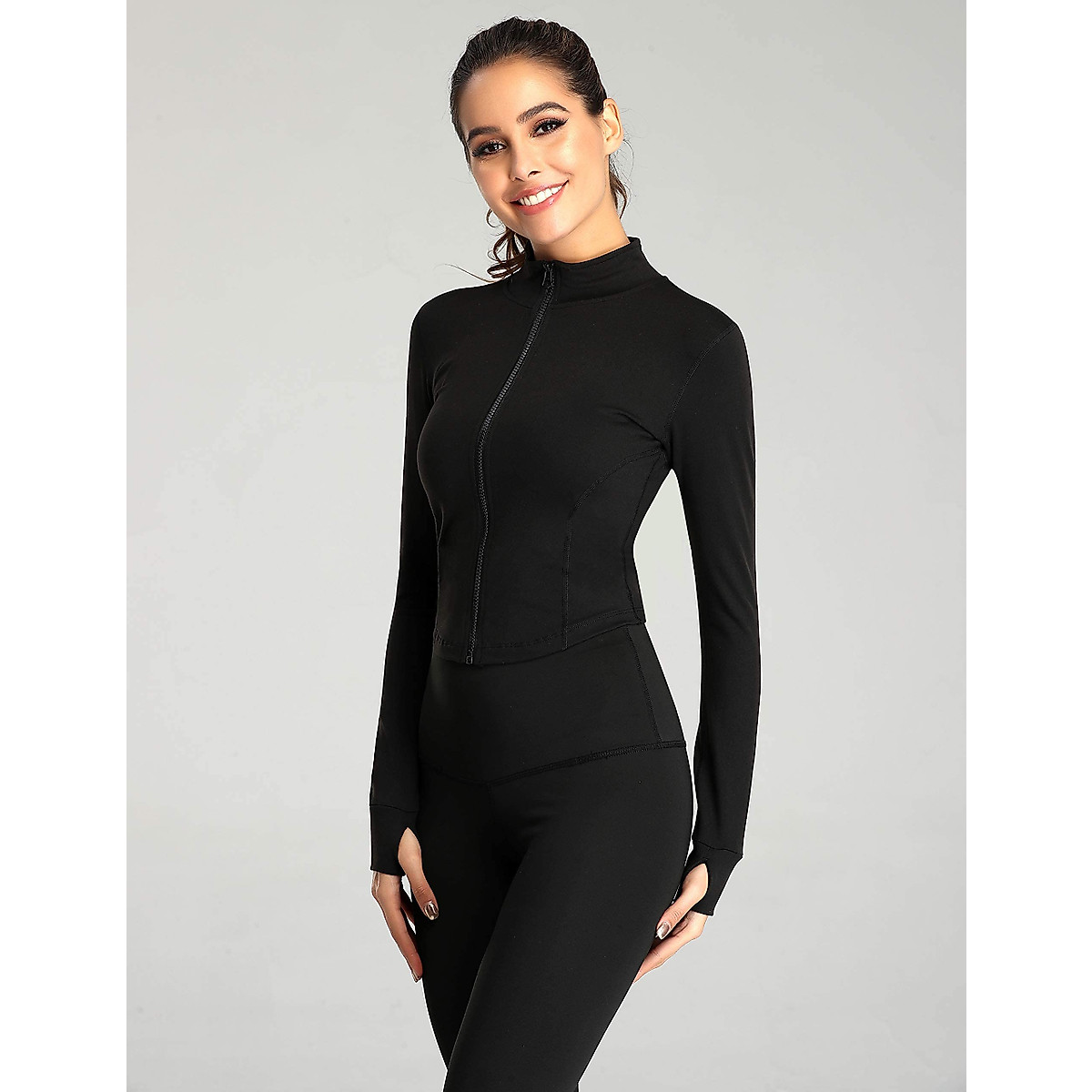 UANEO Workout Tops for Women Cropped Workout Jackets for Women Yoga Athletic Jacket (Black-L)