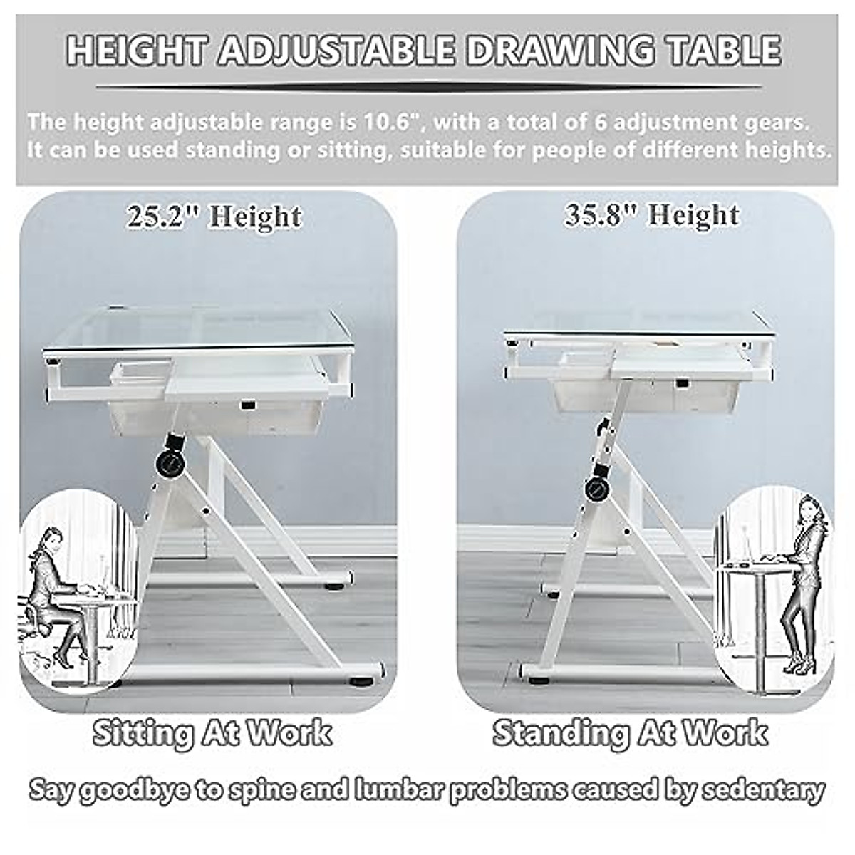 Gynsseh Drafting Table with Stool, Adjustable Height Drawing Table for Artists, 0-75° Tilting Glass Tabletop Art Craft Desk Watercolour Painting Workstation for Home School, White