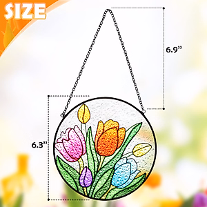 Tuitessine Tulip Suncatcher Stained Glass Window Hanging Panels, 6.3''x6.3'' Round Handmade Hanging Ornament with Chain, Garden Patio Wall Decor Flower Gift for Mom Teachers Friends