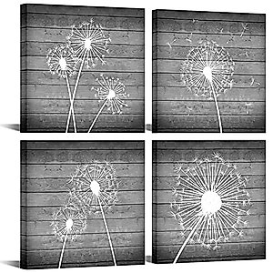 sechars 4 Piece Flower Wall Art White and Grey Dandelion Picture Canvas Painting with Wood Frame Modern Floral Canvas Artwork for Bedroom Bathroom Wall Decorations (12x12inchesx4pcs)