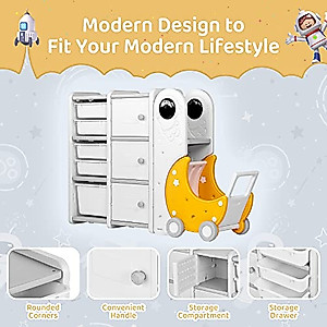 duke baby Kids 3 Layer Toy Storage Organizer with 5 Storage Bins, 3 Toy Cabinets with Doors, Display Bookshelves and Toy Cart for Kids Playroom Bedrooms Age 1-12, Space Collection Medium