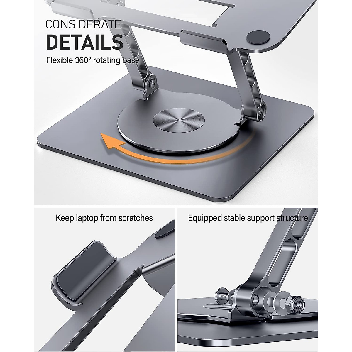 AOEVI Laptop Stand for Desk, Adjustable Laptop Stand with 360 Rotating Base Foldable Laptop Riser Compatible with MacBook Pro/Air Notebook up to 16 Inches, Grey