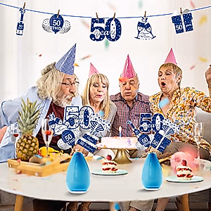 24pcs 50th Birthday Decorations Table Topper for Men, Blue Silver 50 Year Old Birthday Table Centerpiece Sticks Party Supplies, Happy Fifty Birthday Photo Backdrop Decor Sign