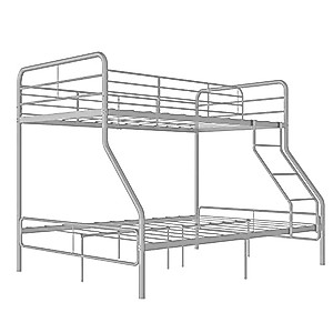Bunk Bed Twin Over Full, Heavy Duty Metal Bunk Bed Frame with Guard Rail & Flat Ladder Stairs, Space-Saving, No Box Spring Needed (Silver)