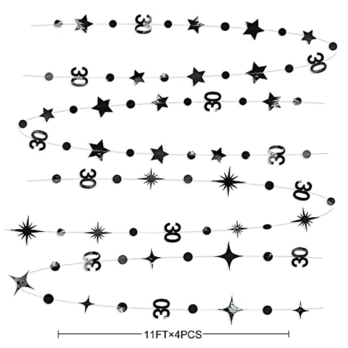 Black 30th Birthday Decorations Number 30 Circle Dot Twinkle Star Garland Metallic Hanging Streamer Bunting Banner Backdrop for Mens Womens Happy Dirty 30 Year Old Thirty Anniversary Party Supplies