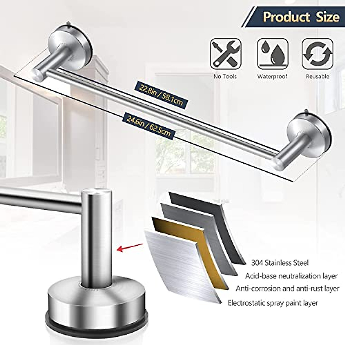 DGYB Suction Cup Towel Bar for Bathroom 17 Inch Set of 2 Brushed Nickel Towel Holder Stainless Steel Premium Kitchen Towel Rack Wall Mounted