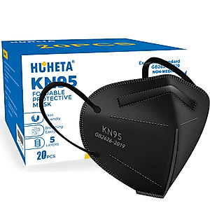 HUHETA KN95 Masks, Packs of 20 Black Face Mask, 5-Layers Protective Cup Dust Masks for Outdoor Indoor Use