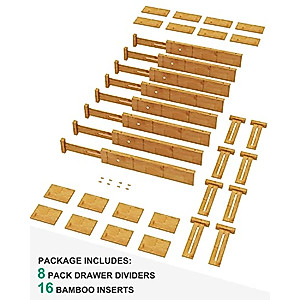 kiplant 8 Pack Bamboo Drawer Dividers with 8 Inserts, Kitchen Drawer Dividers from 16.5-22IN, Stackable Bamboo Drawer Organization for Kitchen & Dressers, 8 Dividers with 16 Inserts