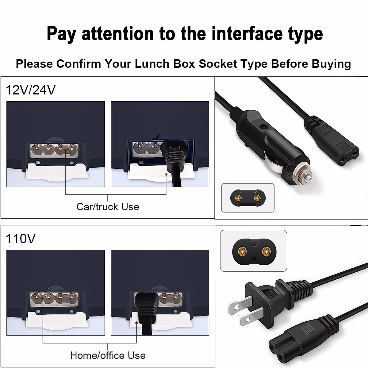 Andmenow 12/24V/Car Use, 110V Home/Office Use Portable Electric Heating Bento Box Power Cable/Electric Lunch Box Power Cord