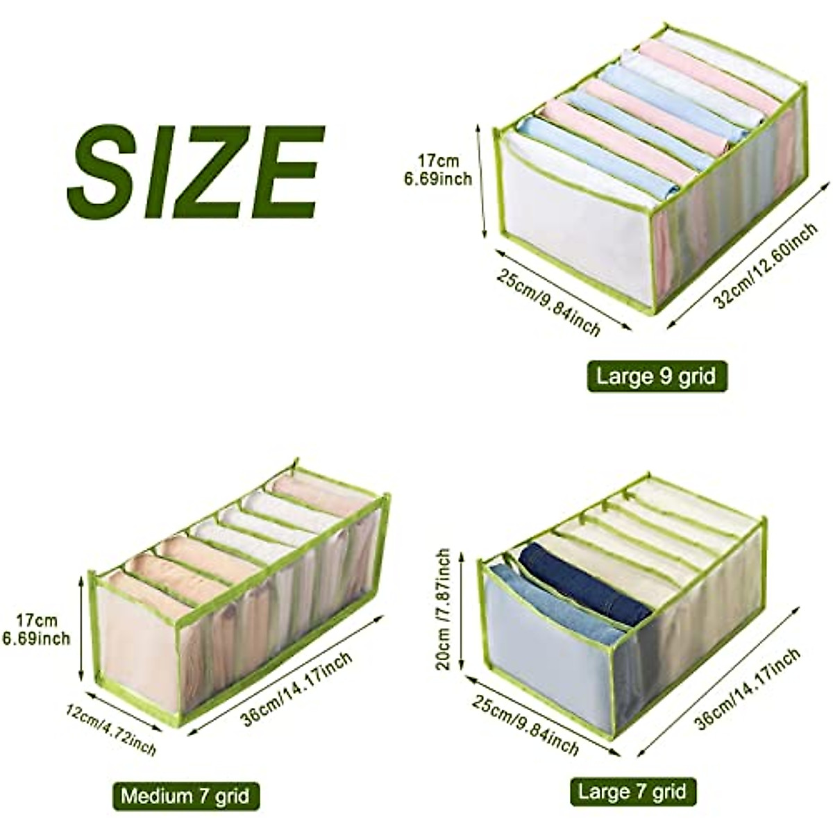 Wardrobe Closet Clothes Organizer Storage Basket - Mesh, Easy to Clean, Foldable, 7 slots for Pants, Jeans, Shirts (36*25*20cm, 7 grid, Green)