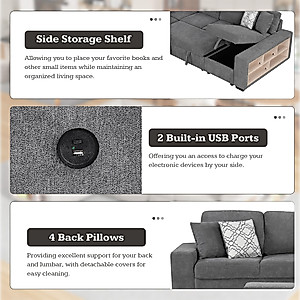 Merax 109" Large Sectional Sleeper Sofa with Pull Out Bed, Storage Chaise/Shelf & USB Ports, Dark Gray Oversized 5 Seat U-Shaped Couch Set, Convertible Sofabed for Living Room and Apartment, Grey