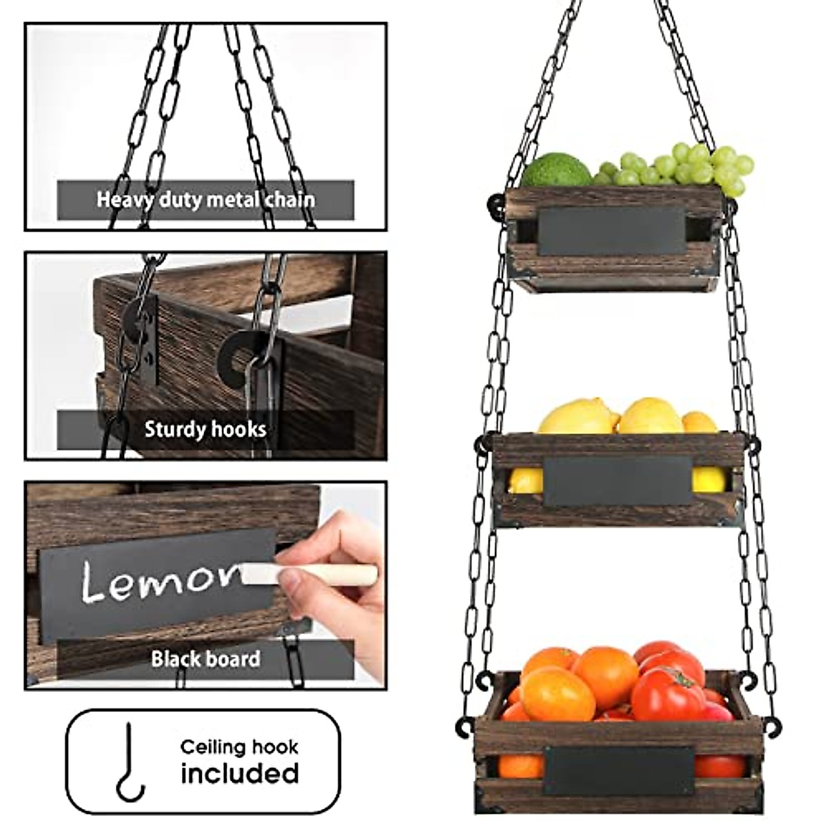 J JACKCUBE DESIGN 3-Tier Rustic Wood Hanging Fruit Basket, Kitchen Fruit, Vegetable Storage Organizer, Countertop Space Saver- Heavy Duty Metal Hooks- MK1008A