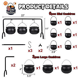 Halloween Cauldrons Serving Bowl Decor, Set of 9 Hanging Black Plastic Cauldron Bowls with Iron Rack, Large and Mini Cauldrons Candy Bucket Punch Bowls for Table Witch Hocus Pocus Party Decorations