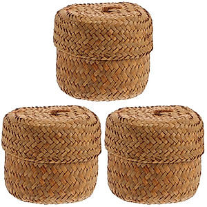 MAGICLULU 3pcs Flower Basket Candy Bowl Generic Round Basket Light House Decorations for Home Rustic Storage Bins Small Seagrass Basket with Lid Cutlery Desk Child Seaweed Cosmetic