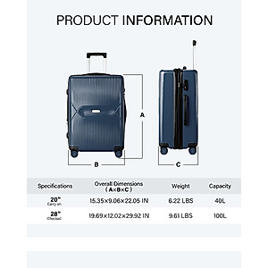 Zitahli Luggage Sets 2 Piece, All Expandable Suitcase Set, Carry On Luggage Set, PC Hard Case Luggage with TSA Lock Spinner Wheels YKK Zippers, 20in 28in (Navy Blue)