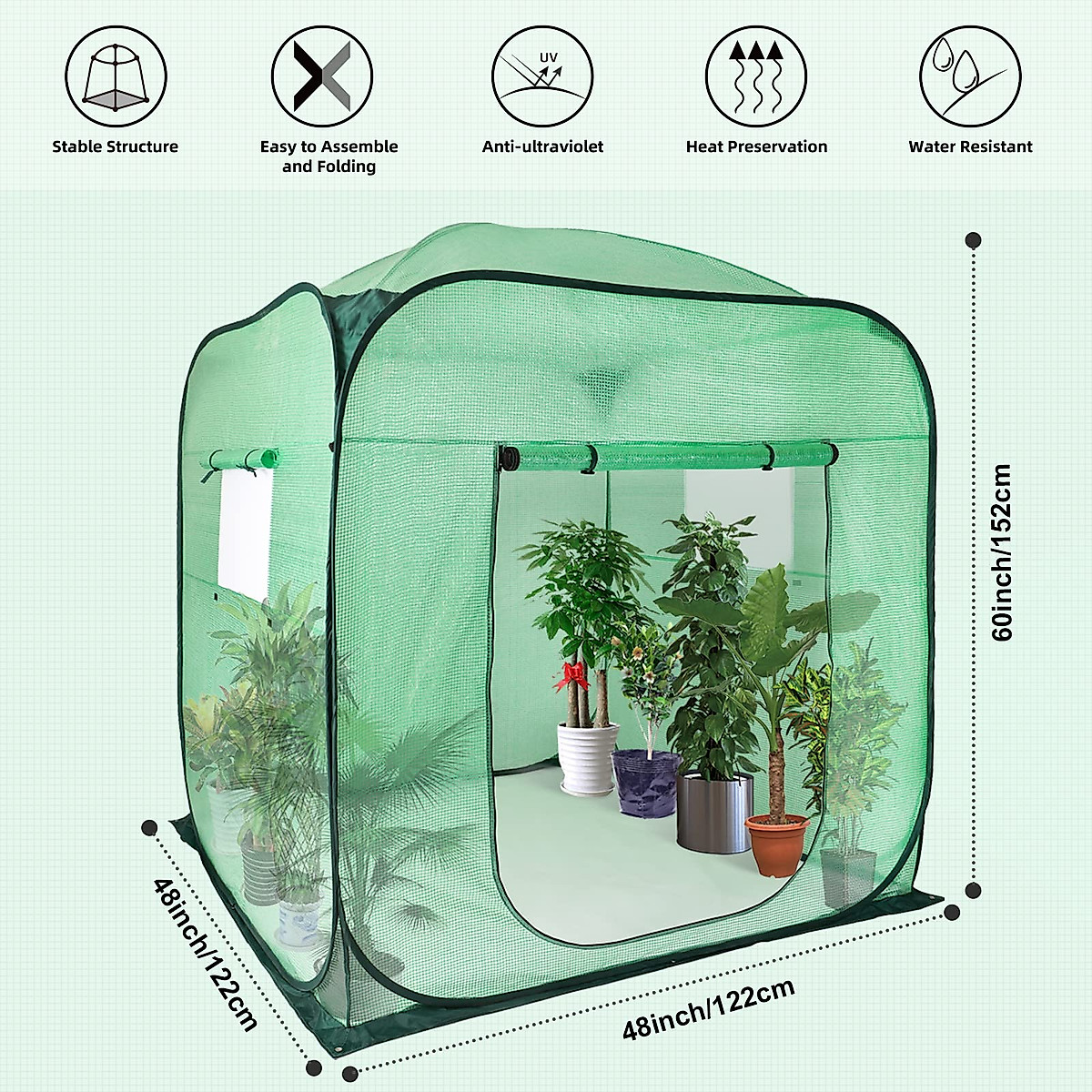 Upgraded Pop-Up Plant Greenhouse for Outdoors with Roll-up Zipper Entry Doors and Windows, Durable PE Cover, Walk-in and Portable Fast Set-up Green House with Ground Pegs & Ropes for Stability