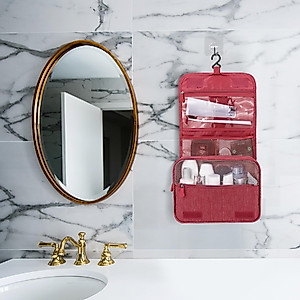 Lcsmaokin Large Capacity Toiletry Bag Travel Bag with Hanging Hook for Men and Women Waterproof Travel Cosmetic Bag Bathroom Storage Bag for Brushes Set, Full-Sized Shampoo, Toiletries, (Wine Red)