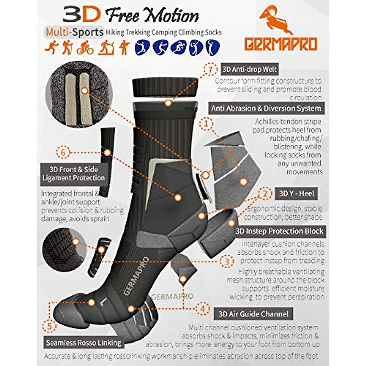 Men's Breathable Hiking Work Boot Socks w/Anti-Stress Moisture Wicking Germanium & Coolmax Fiber Lite-Compression 1/2 pr (X-Large, Brown)