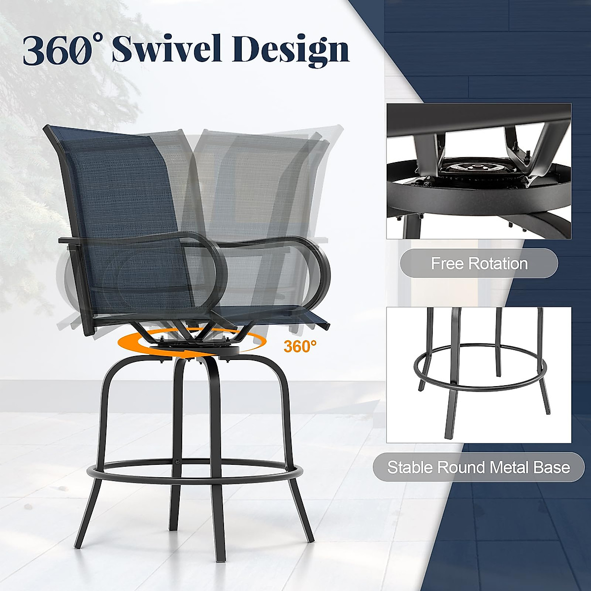 Giantex Set of 2 Swivel Outdoor Bar Stools, All-Weather Bar Height Patio Chairs, 330LBS Capacity, 360 Rotating Outside Bar Chairs with High Back Armrests, for Porch Yard Lawn Garden Pool (Navy)