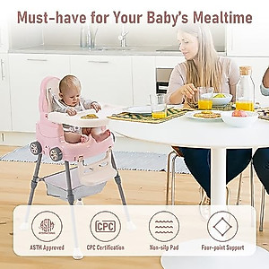 High Chairs for Babies and Toddlers, Portable 3 in 1 High Chair, Adjustable Convertible Compact Infant Baby Feeding Chair Booster with Detachable Double Tray, 5 Point Harness, Foot Rest Pink