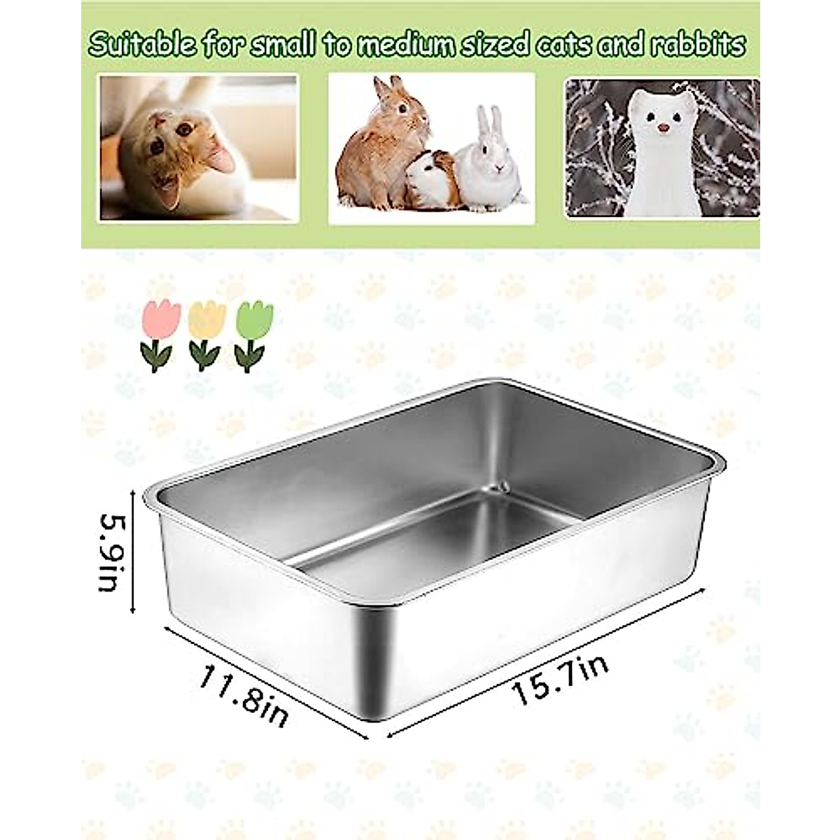 VCEPJH 2 Pcs Stainless Steel Litter Box for Cats Metal Litter Pan with High Sides Odor Control Non Stick Easy to Clean Rustproof (15.7'' x 11.8'' x 5.9'')