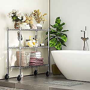 Auslar 3-Shelf Storage Shelves with Casters Heavy Duty 3-Tier Rolling Cart Utility Racks Adjustable Wire Metal Storage Shelving, Chrome