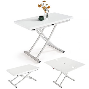 MYSELFLY Living Room Dinning Tables Folding Metal Lift Bracket Multifunction Transform Dinner Kitchen Coffee Tea End Table in Home Wood Desktop Design 40x35 White