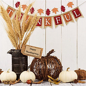 Whaline Fall Banner Thankful Burlap Banner Maple Leaf Glitter Paper Banner Pre-Assembled Rustic Bunting Garland for Autumn Harvest Hanging Decorations Thanksgiving Party Supplies Home Decoration