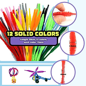 TOAOB 120pcs Fuzzy Bumpy Pipe Cleaners 12 Assorted Colors Chenille Stems Craft Supplies 13mm x 12 inch Pipe Cleaners for DIY Art Crafts Decorations