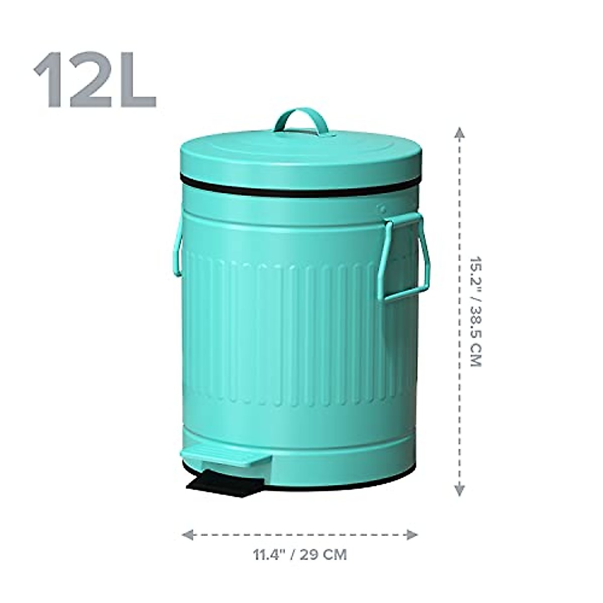 Retro Trash Can with Lid - 12L/3.2 Gal Step Trash Can w/ Soft Closing Lid - Round Garbage Can w/ Handles - Touchless Trash Can w/ Removable Garbage Guard Bucket - Outdoor Garbage Bin - Large Trash Can, Teal