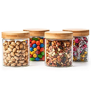 EZOWare Set of 4 Glass Food Jars with Airtight Natural Bamboo Lids, 20 fl oz Kitchen Clear Canister Storage Container Set for Storing Candy, Cookie, Rice, Sugar, Flour, Spices, Nuts, Coffee, Pasta