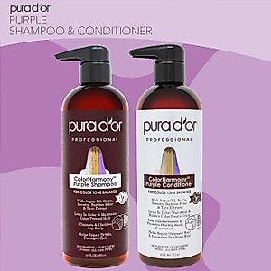 PURA D'OR Purple Shampoo & Conditioner (16oz x 2) ColorHarmony Biotin Set For Bleached, Blonde, Silver & Color Treated Hair - Keratin, Bamboo Fiber, No Sulfates - Men & Women