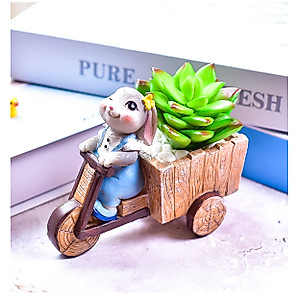 Cute Little White Rabbit Cycling Flower Pot with Drainer Garden Flower Pot Resin Succulent Potted Bonsai Plant Stand Home Desk Mini Ornaments Without Plants