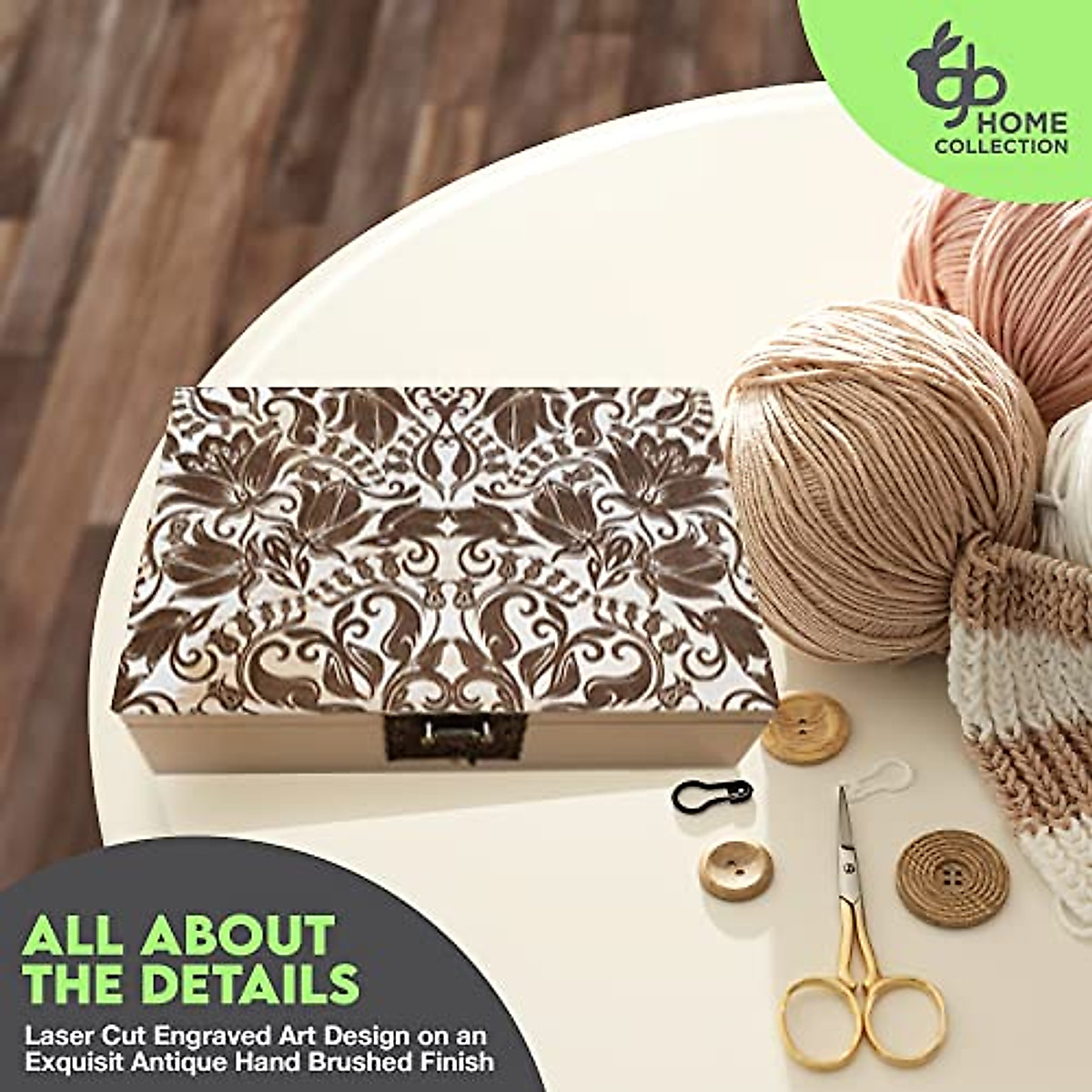 Wooden Box, Decorative Storage Box with Hinged Lid, 6"x9" Rectangular Engraved Art Keepsake and Trinkets Box , Large Jewelry Organizer, Rustic Antique Wood