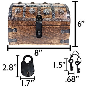 SciencePurchase Pirate's Treasure Chest Wooden Nautical Jewelry Box with Functional Lock and 2 Keys, Wood with Iron Accents, Hinged Lid, 8 Inches Long