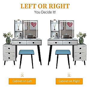 LVSOMT Vanity Desk with 3-Color Lighted Mirror, Makeup Vanity Table Set with Lights & Charging Station, 5 Drawers, Shelves, Dressing Table with Stool for Women Girls (White)