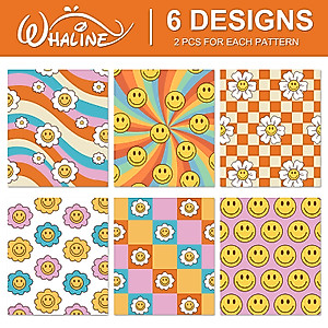 Whaline 12Pcs Retro Groovy Wrapping Paper Bright Funny Face Flower Checkered Gift Wrap Bulk Boho Art Paper Folded Flat for Baby Shower Birthday Wedding DIY Crafts Gift Packing, 19.7 x 27.6 Inch