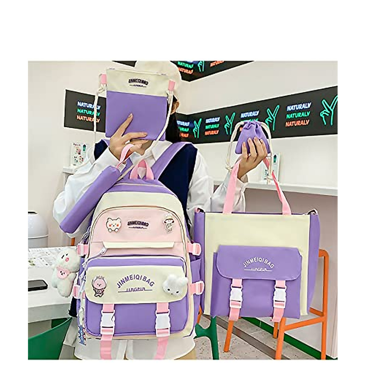 TUDERE Kawaii backpack set of 5 pieces aesthetic backpack for school teenage girls' daily necessities with charm and pins, pencil case, tote bag, small bag.