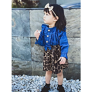 Toddler Baby Girl Long Sleeve Fall Dress Infant Denim Leopard Ruffle Dresses Cheetah Outfit, Blue, 2-3T