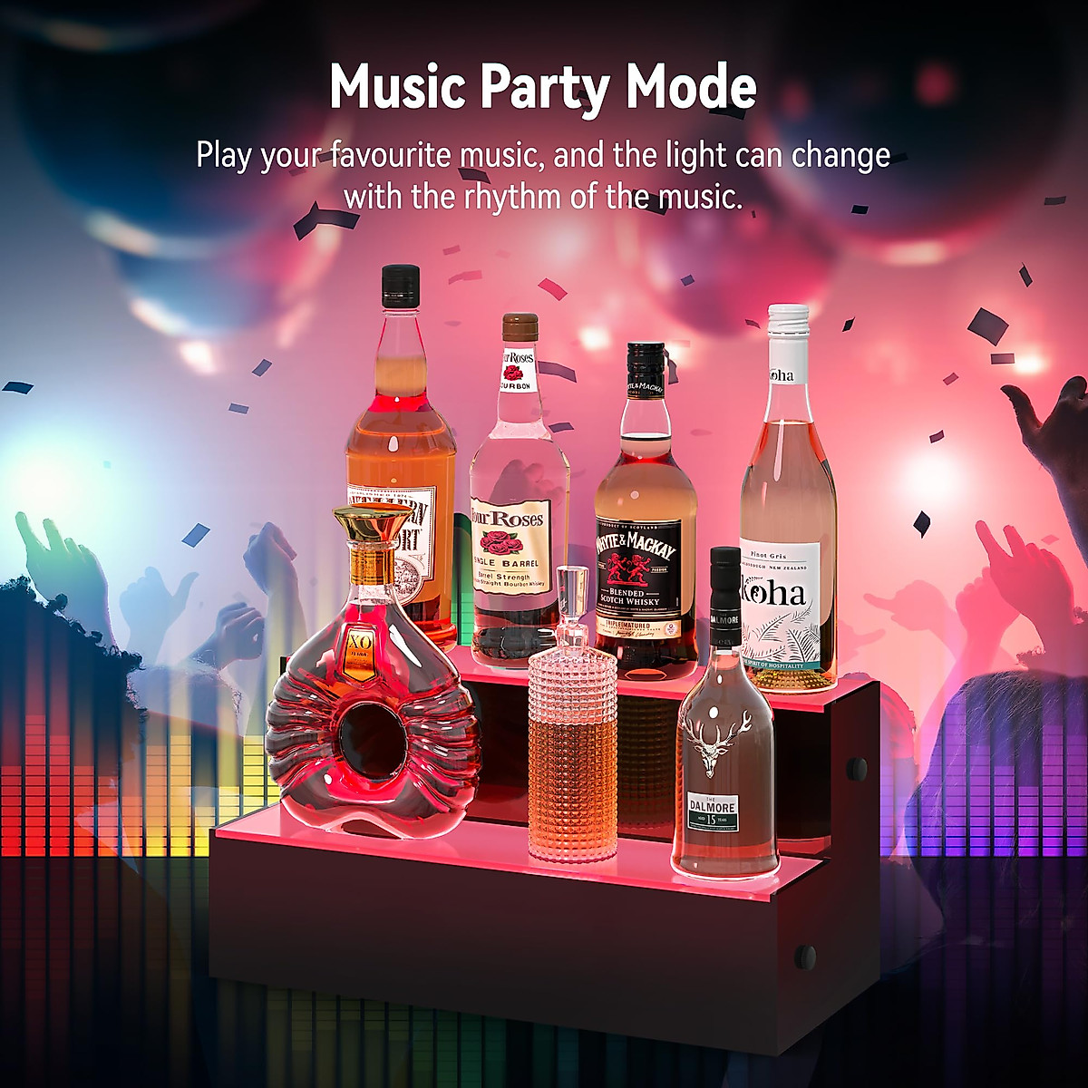 Warmiehomy LED Lighted Liquor Bottle Display Shelf, 16" 2 Step Acrylic Bar Shelves for Liquor Bottles, Alcohol Whiskey Shelves with Smart App & Remote Dual Control for Home Commercial Bar Drinks