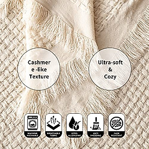 CozeCube Boho Throw Blanket for Couch, Spring Throw Blanket, Basket Weave Waffle Throw Blanket, Farmhouse Lightweight Throw Blanket with Fringe, Cream, 60'' x 50''