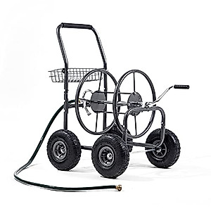 Dulce Domi Hose Reel, Heavy Duty Hose Reel Holds 300 Feet of 5/8" Hose, Durable Garden Hose Reel W/ Powder Coat Finish, Extra Basket Storage Water Hose Reel W/ 10" MAX 20PSI Pneumatic Tires (Grey)